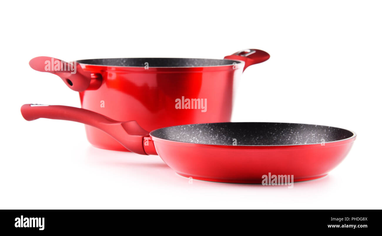 Frying pan and steel pot isolated on white background Stock Photo - Alamy