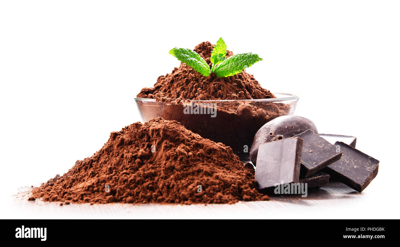 Composition with bowl of cocoa powder isolated on white Stock Photo - Alamy
