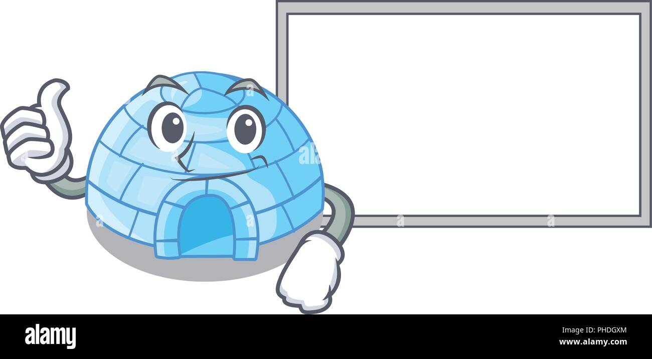 Thumbs up with board character cartoon ice house in snowfield vector ...