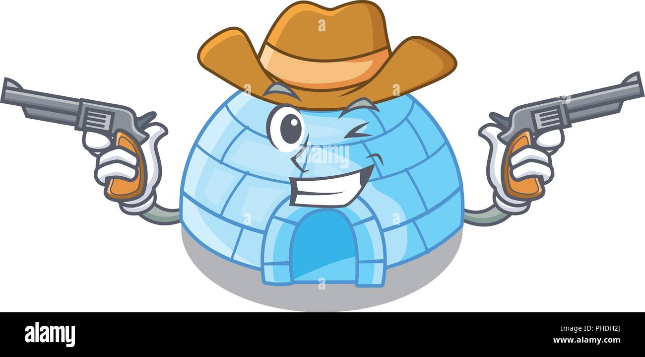 Cowboy character cartoon ice house in snowfield vector illustration ...
