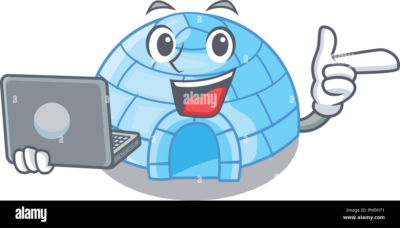 With laptop character cartoon ice house in snowfield vector ...