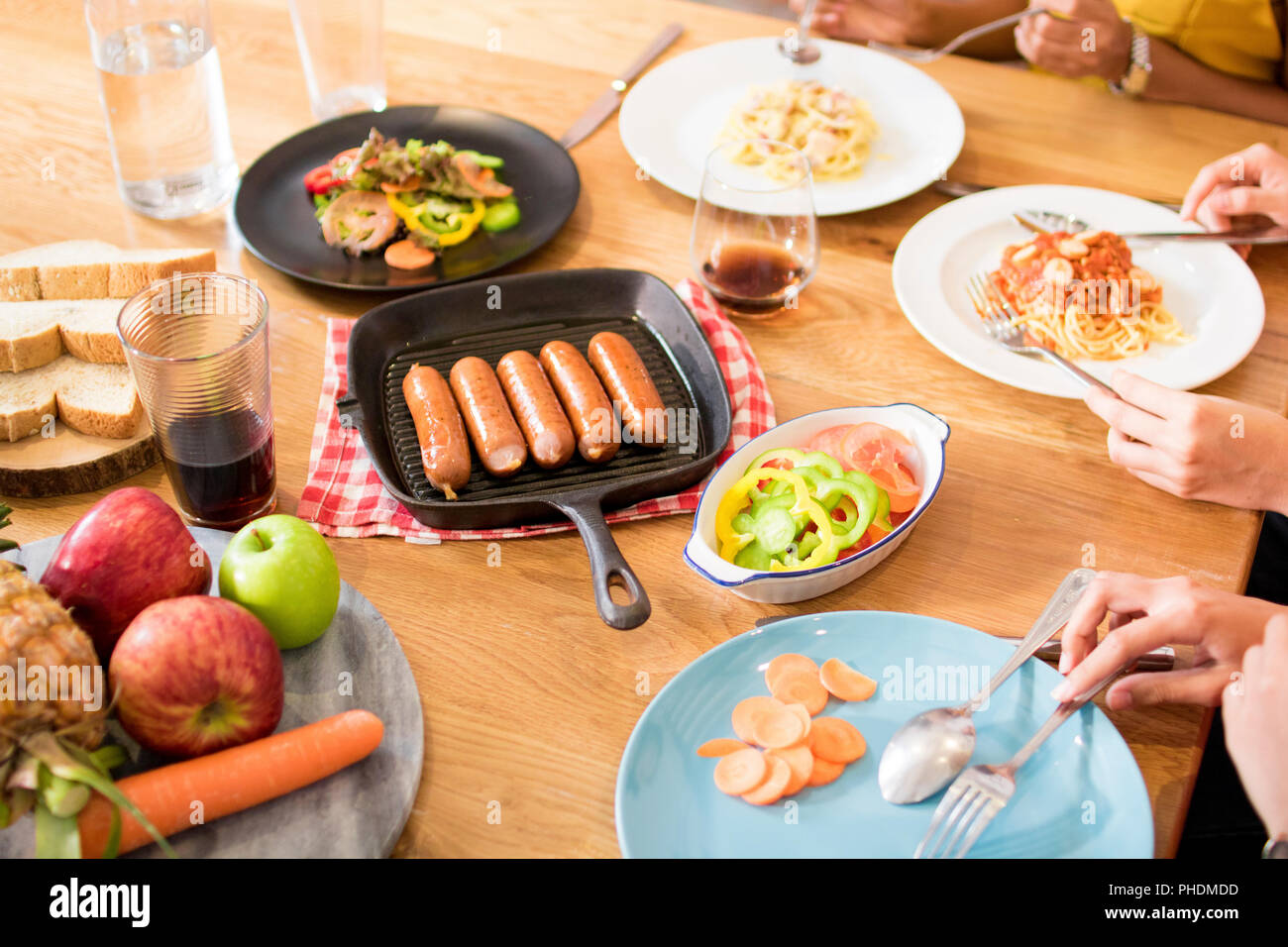 Enjoy dinner eating party with friends, top view of foods on table and ...