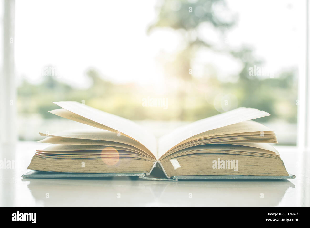 Old book opening on windowsill of house with nature background in ...