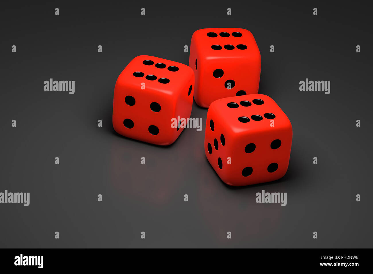 three red dice on a gray background Stock Photo - Alamy