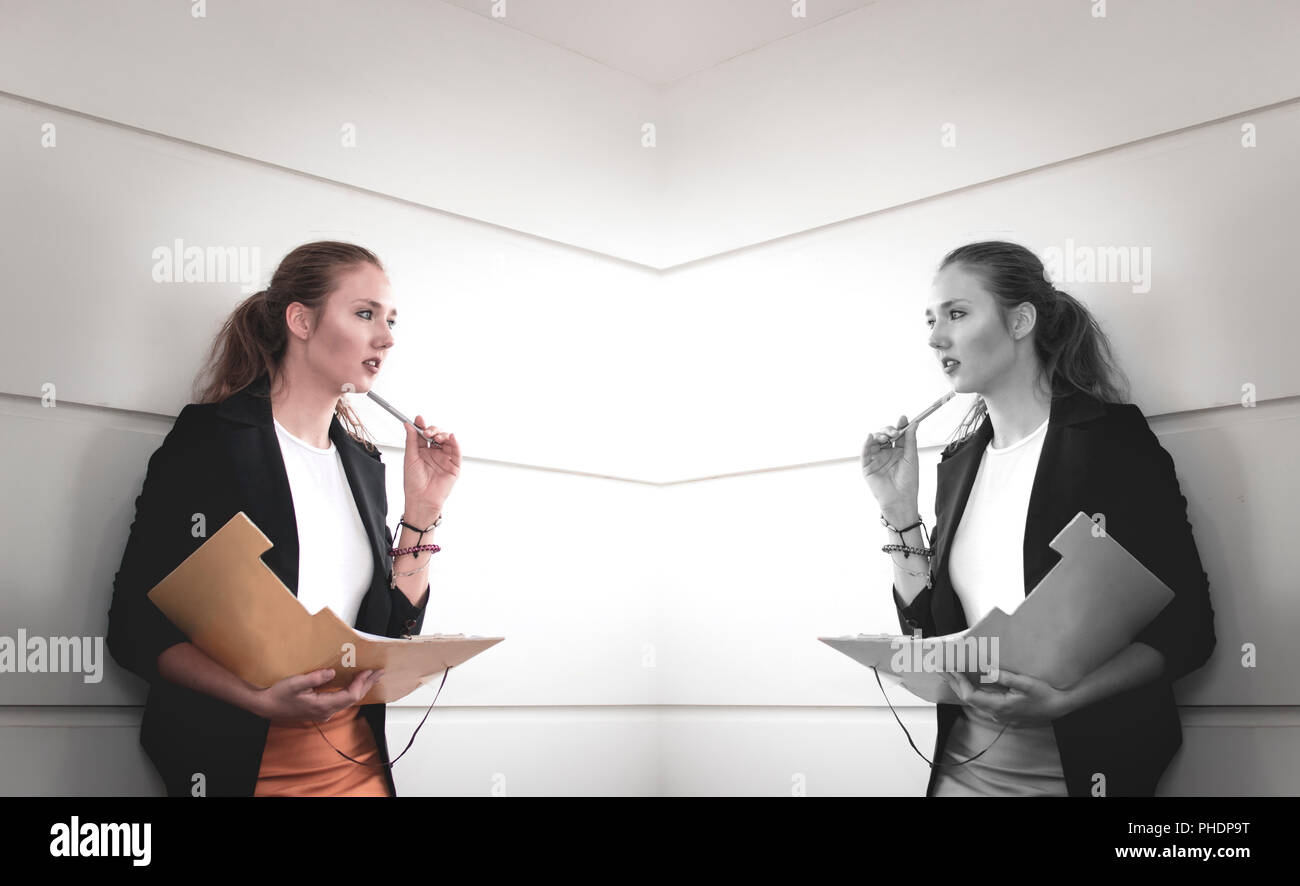 Portrait of business woman, Secretary standing and leaning back wall to ...