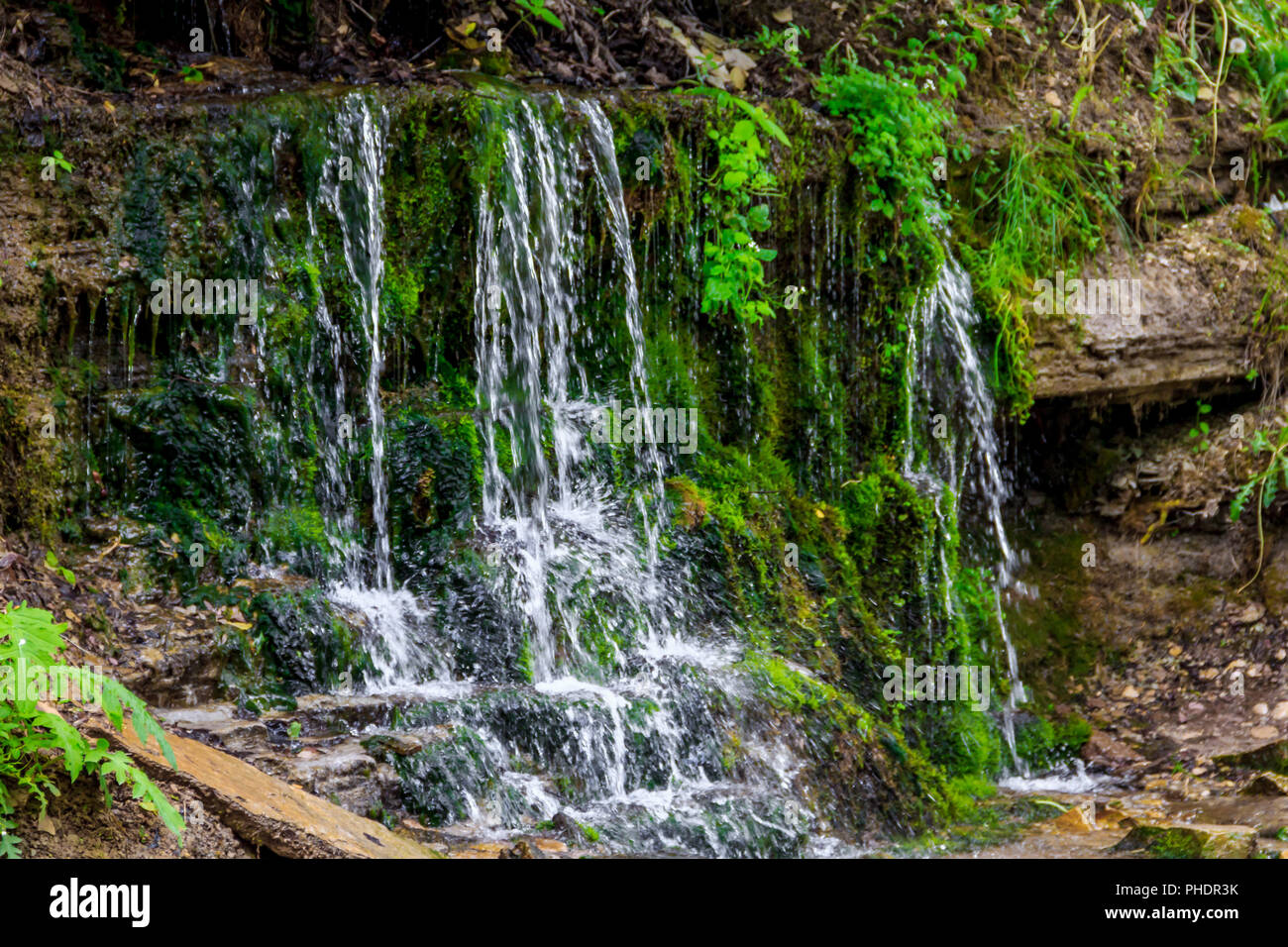 Holy springs in Izborsk. A small waterfall in Russia. Descent of water ...