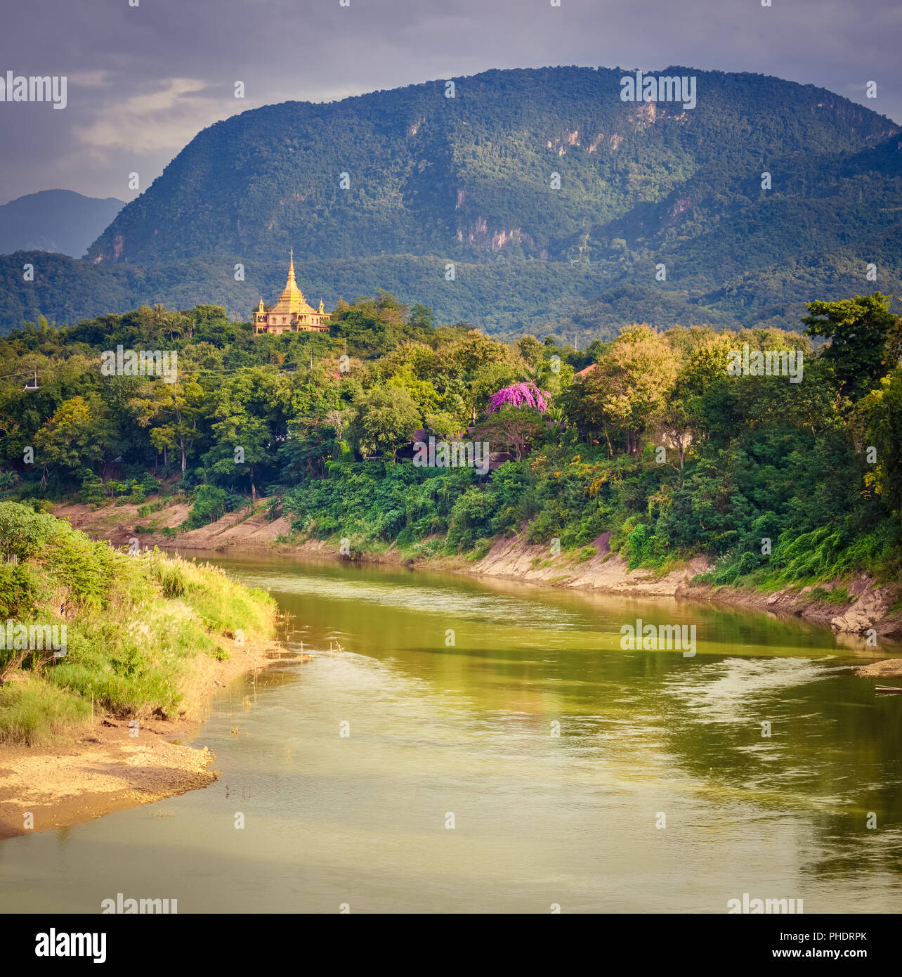 River, temple and mountains. Beautiful landscape. Laos Stock Photo - Alamy