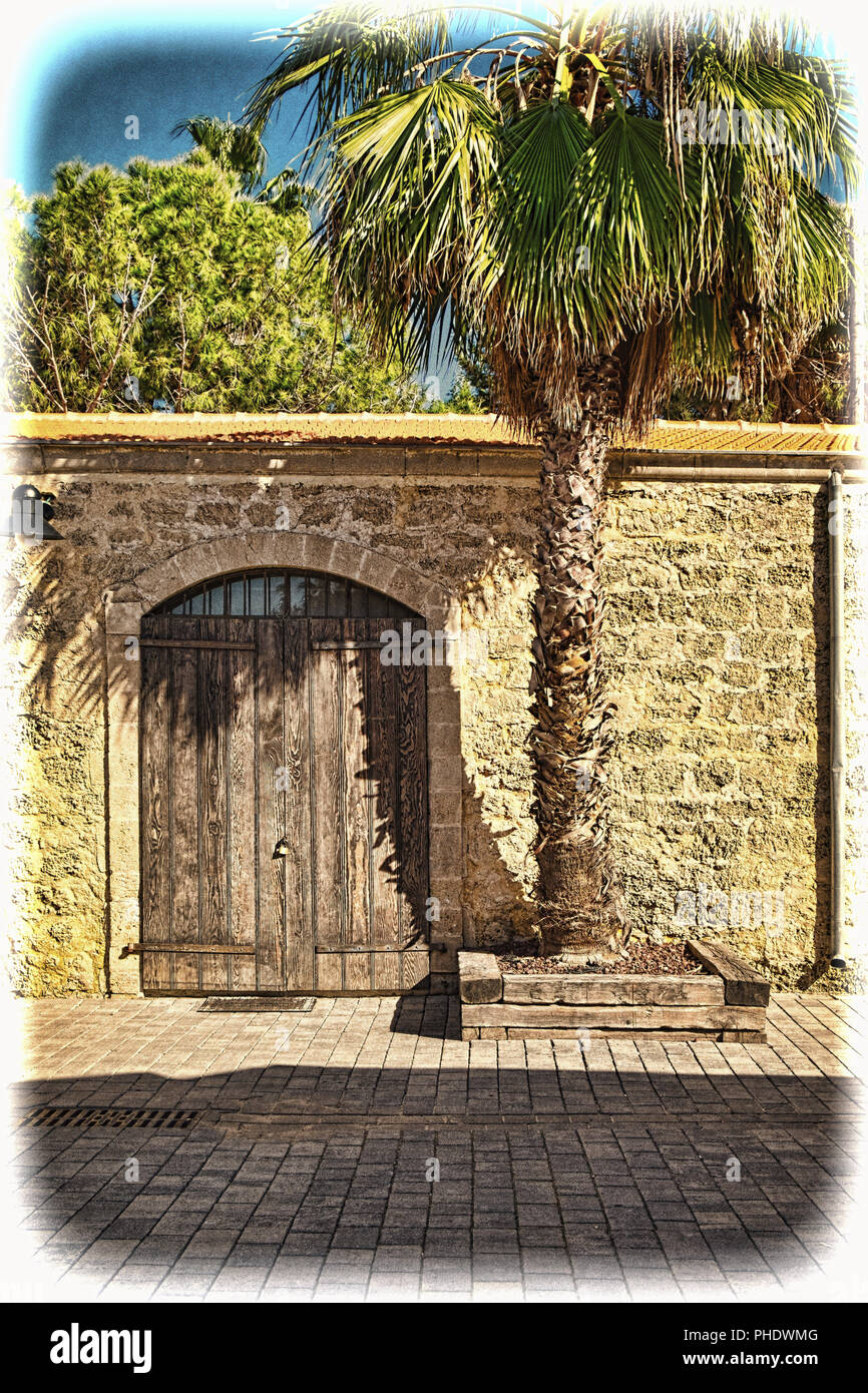 Wall with Gate and Palm Tree Stock Photo - Alamy