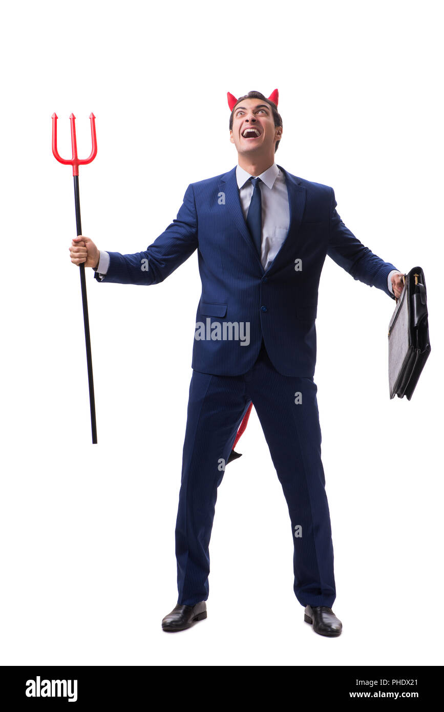Evil devil businessman with pitchfork isolated on white backgrou Stock ...