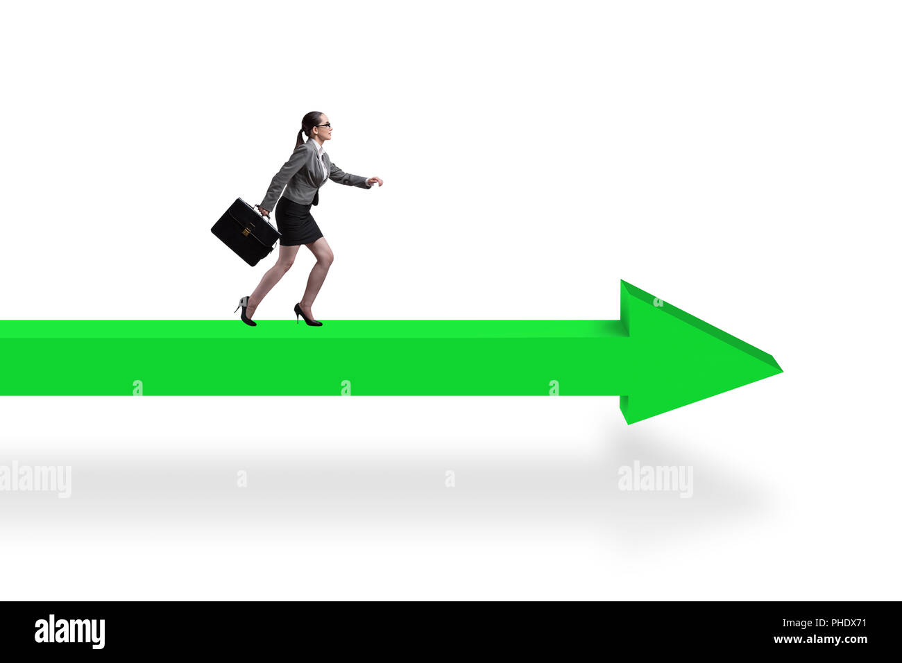 Businesswoman walking on arrow sign Stock Photo - Alamy