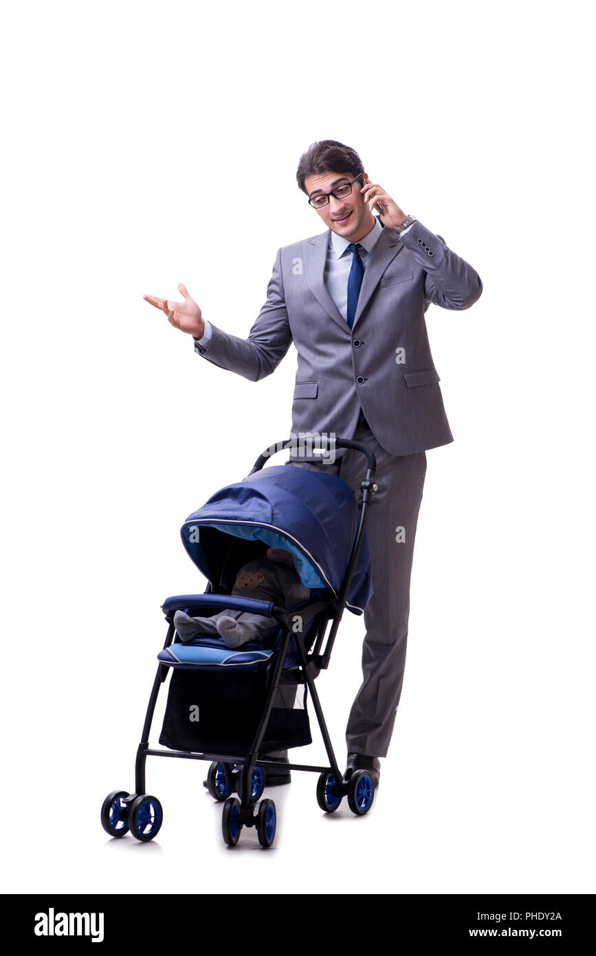 Young dad businessman with baby pram isolated on white Stock Photo - Alamy
