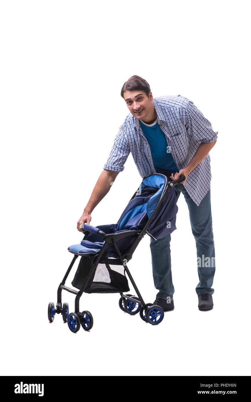 Young dad with child pram isolated on white Stock Photo - Alamy