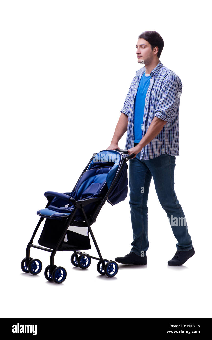 Young dad with baby pram isolated on white Stock Photo - Alamy