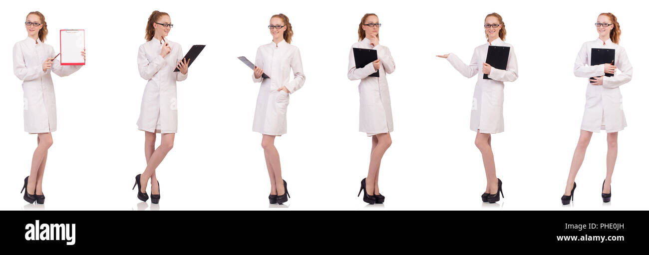 Pretty female doctor holding diary isolated on white Stock Photo - Alamy