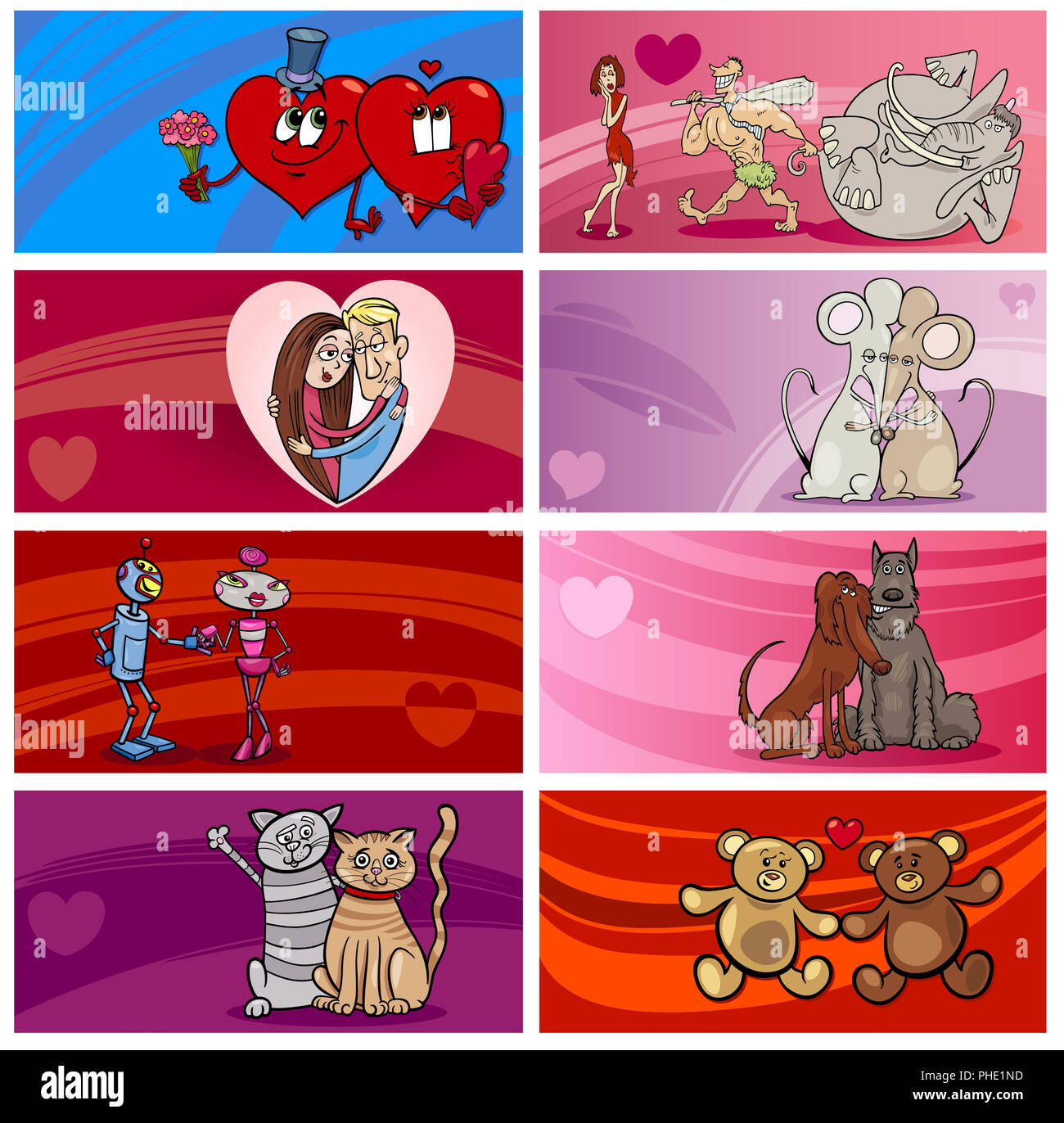 Valentine cartoon greeting cards designs set Stock Photo - Alamy
