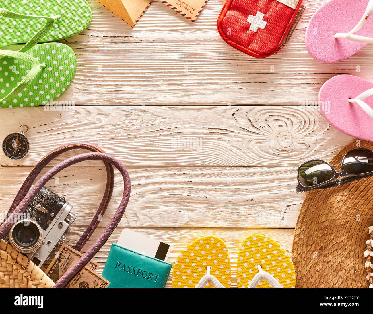 Travel and beach items still life Stock Photo - Alamy