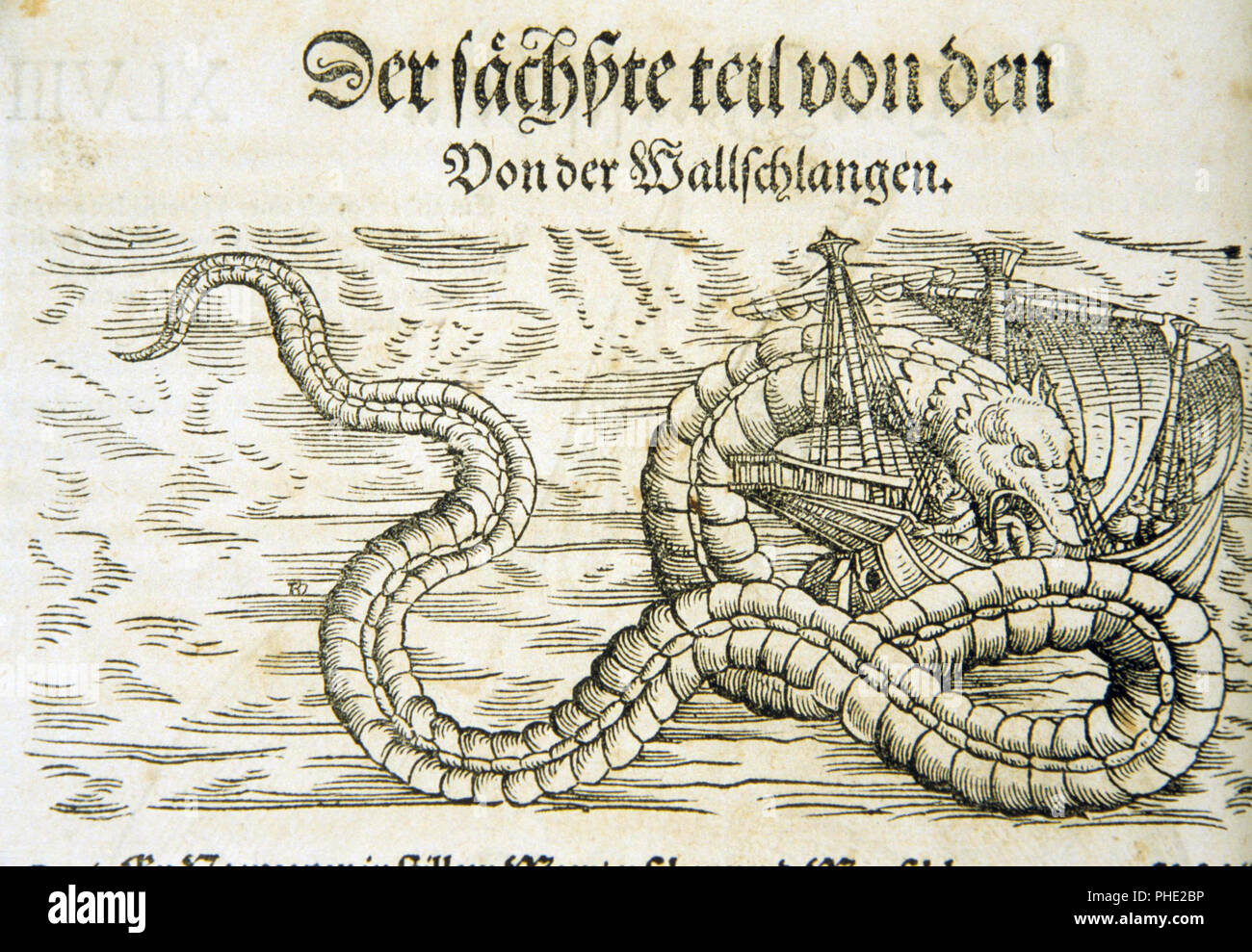 Woodcut illustration of a gigantic snake devouring a ship and men ...