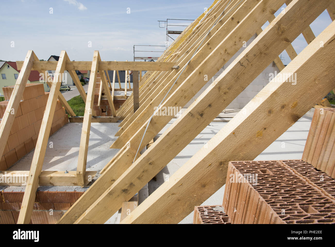 framework of new built roof on residential house in construction Stock ...