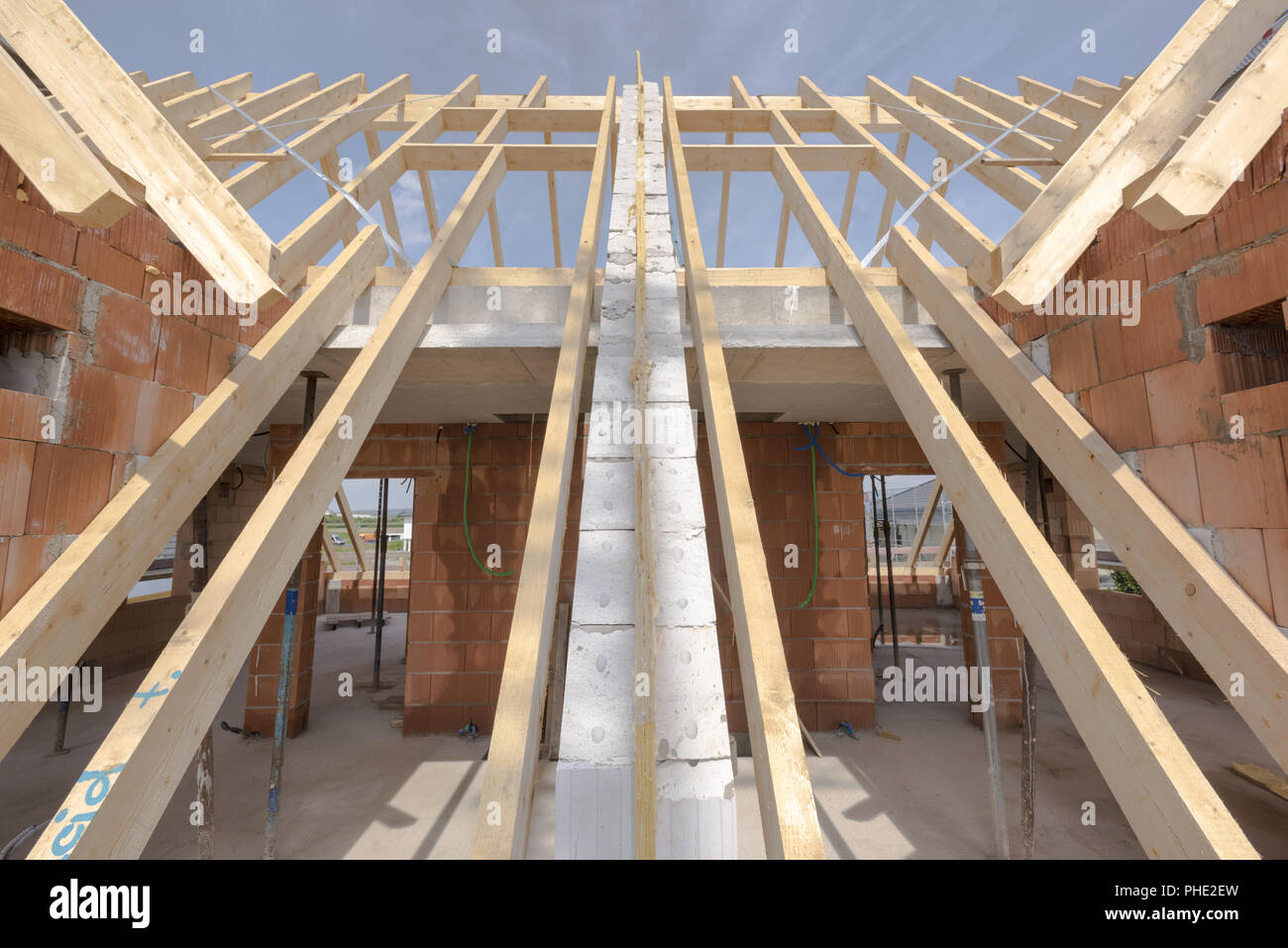 framework of new built roof on residential house in construction Stock ...