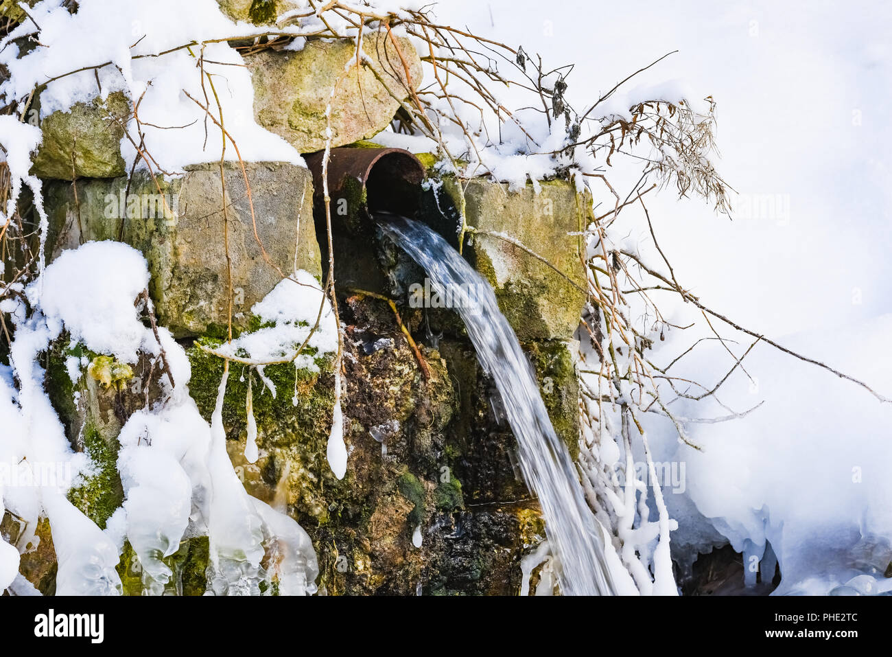 pipe from the ground flowing ecological clean water Stock Photo - Alamy