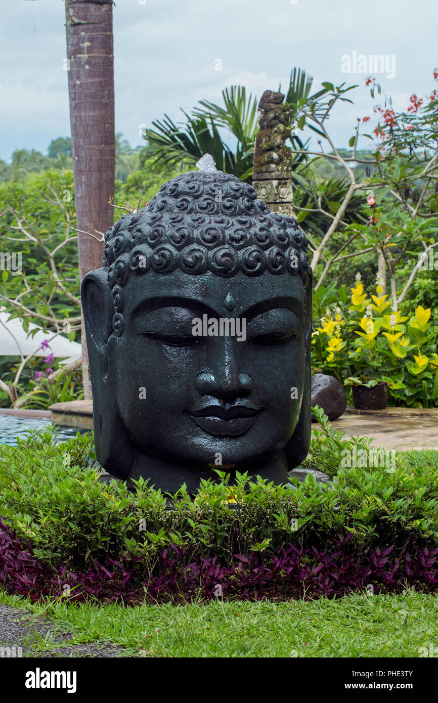 Stone black buddha head in the garden Stock Photo - Alamy