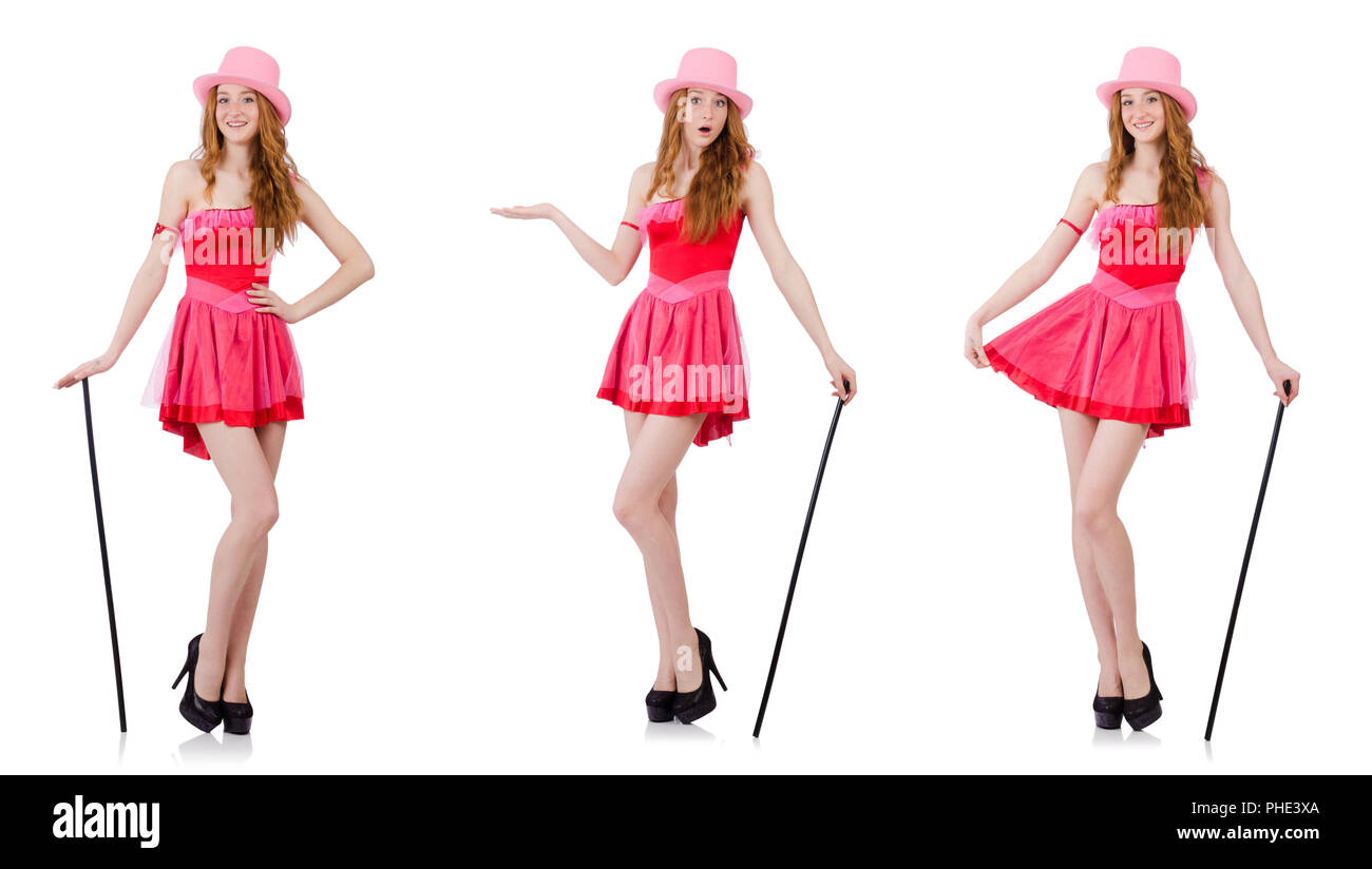 Pretty young wizard in mini pink dress isolated on white Stock Photo ...