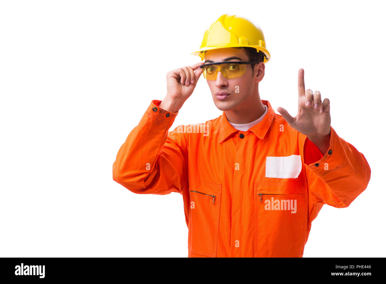 Construction worker wearing hard hat isolated on white Stock Photo - Alamy