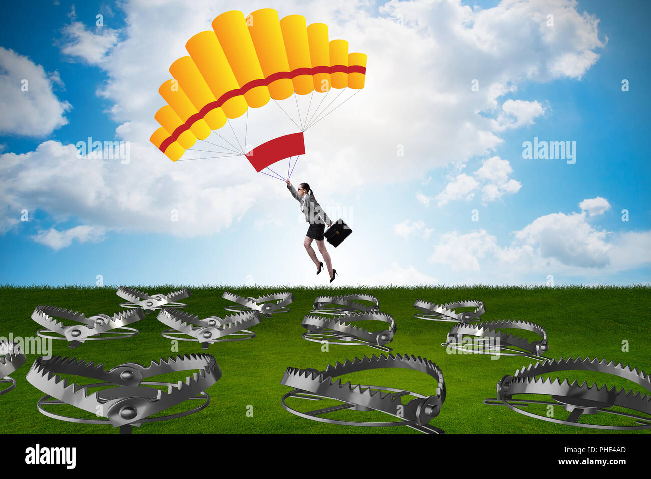 Businesswoman falling into trap on parachute Stock Photo - Alamy