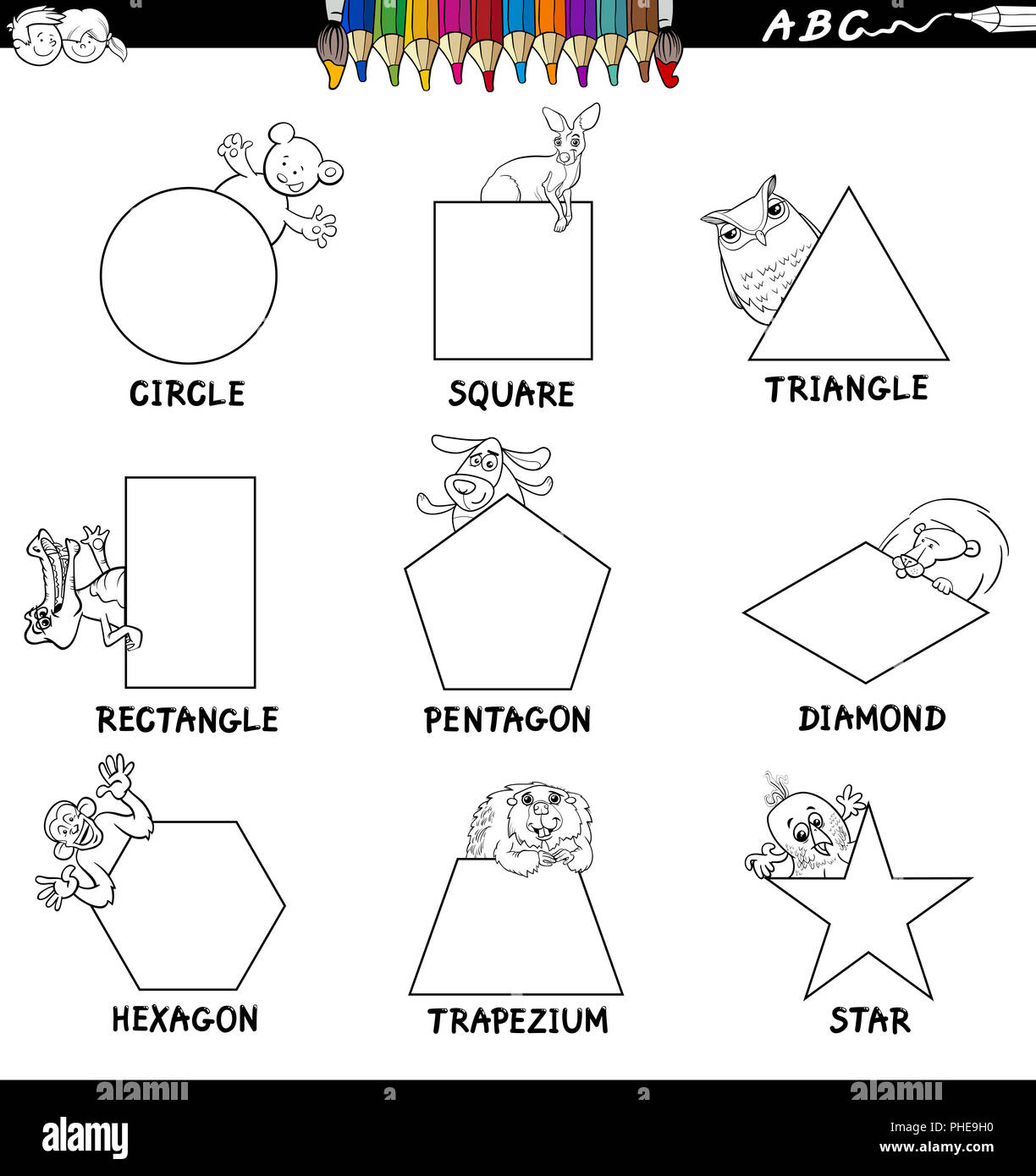 educational shapes set with animals color book Stock Photo - Alamy