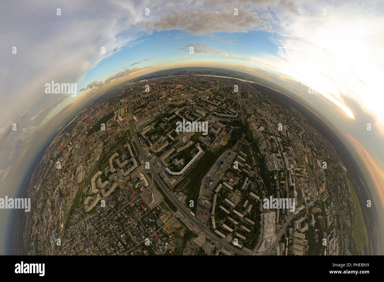 Aerial view of square in the city with roundabout traffic, streets and ...