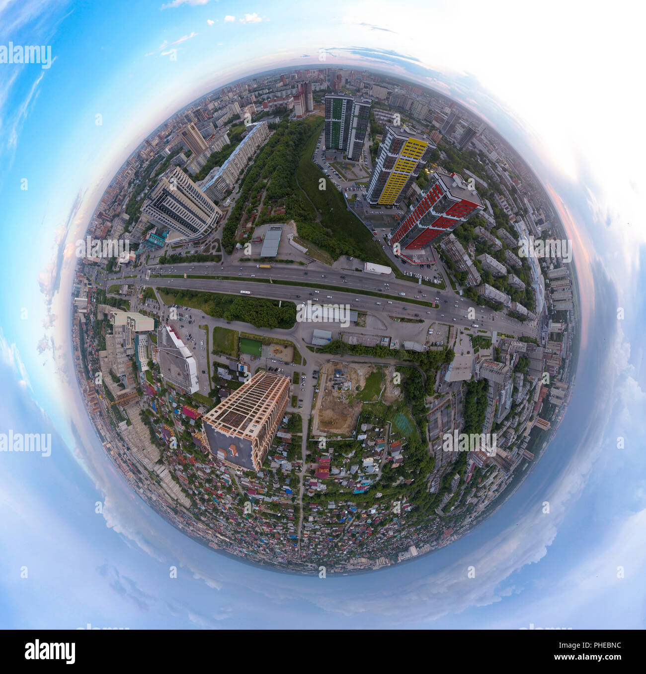 Aerial view of square in the city with roundabout traffic, streets and ...