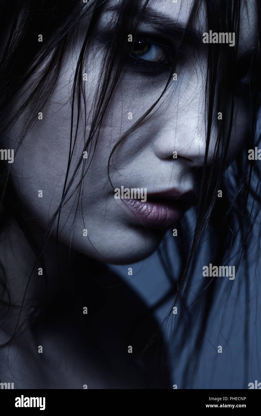 Close-up grunge portrait of young brunette woman in depression Stock ...