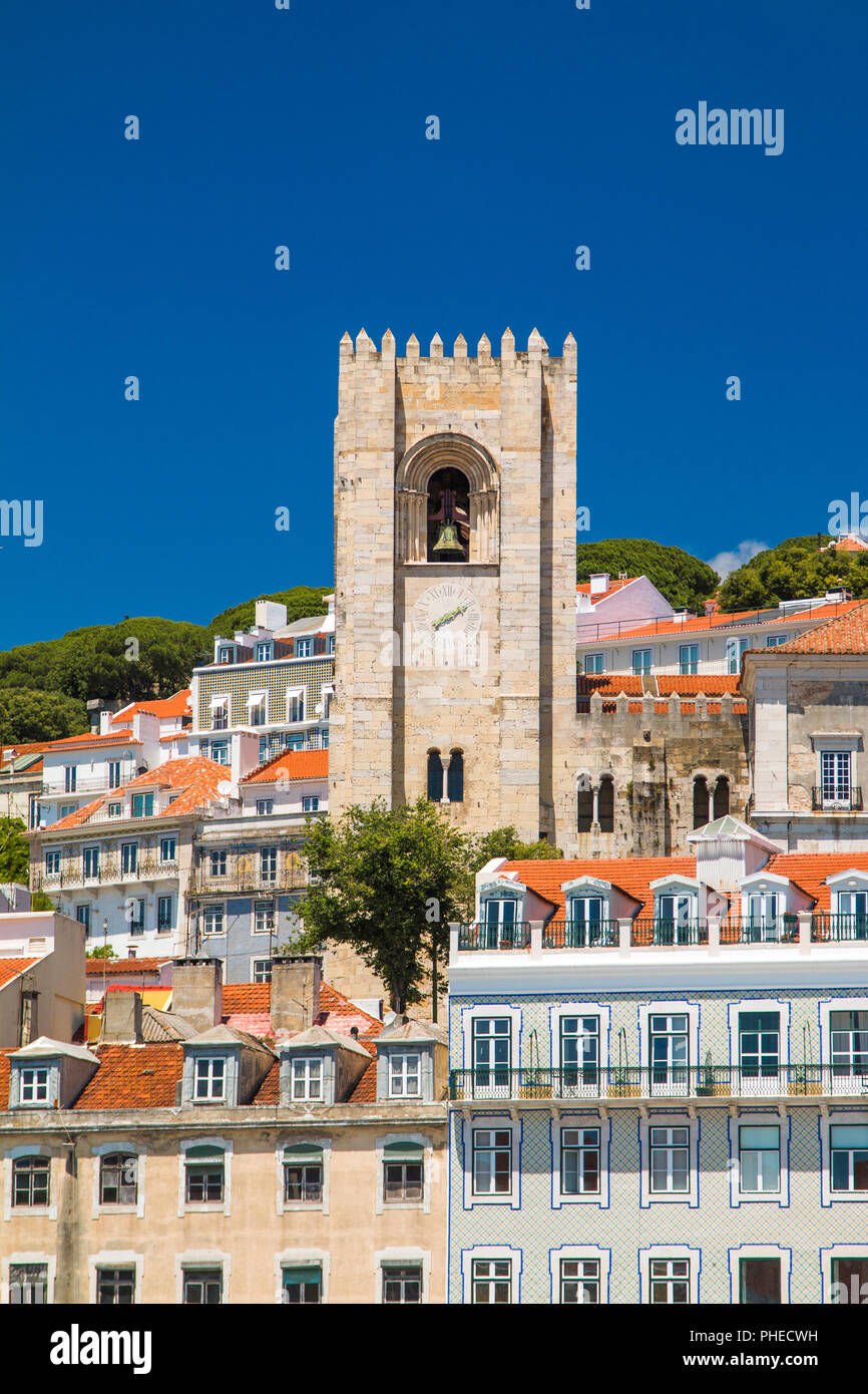 Lisbon city skyline, tower bells of patriarchal Cathedral of St. Mary ...