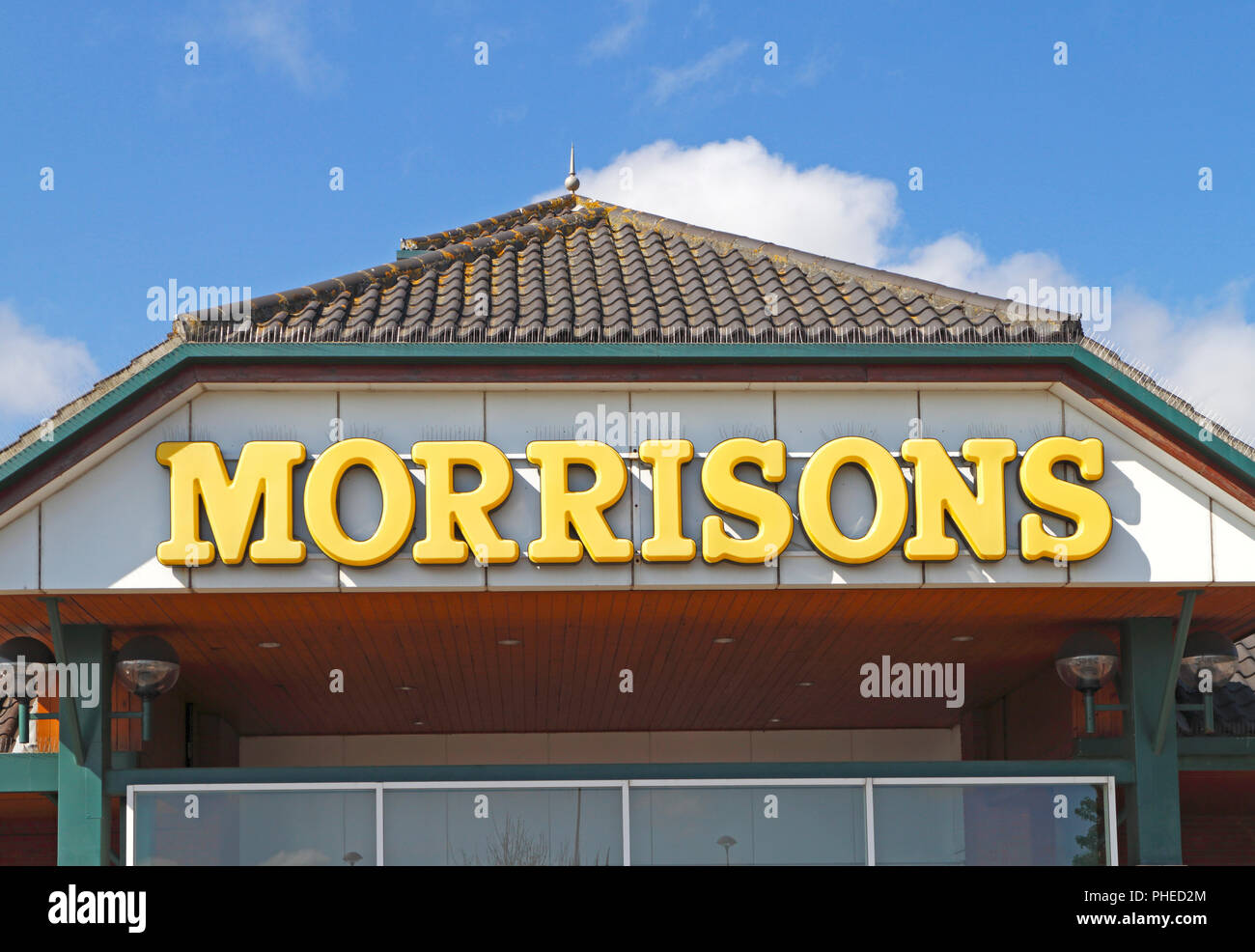 Morrisons supermarket shop sign above the store entrance at Cromer ...
