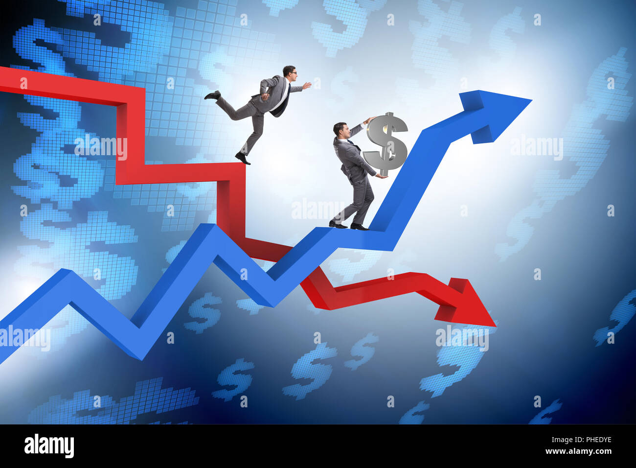 Businessman with charts of growth and decline Stock Photo - Alamy