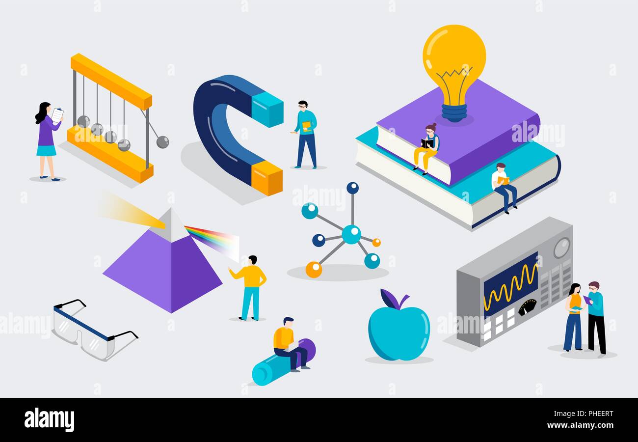 Physics lab and school class. Science, education scene with miniature ...