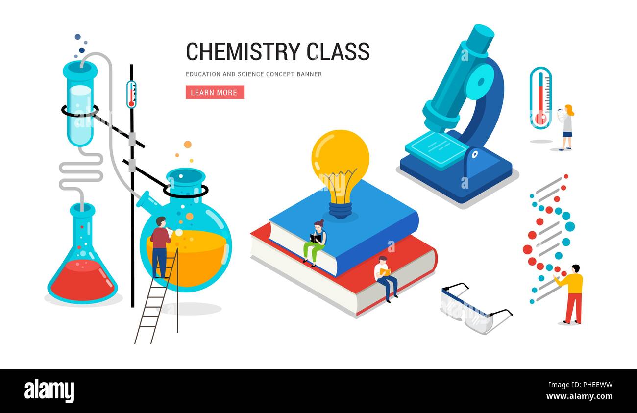 Chemistry lab and school class, science, education scene with miniature ...