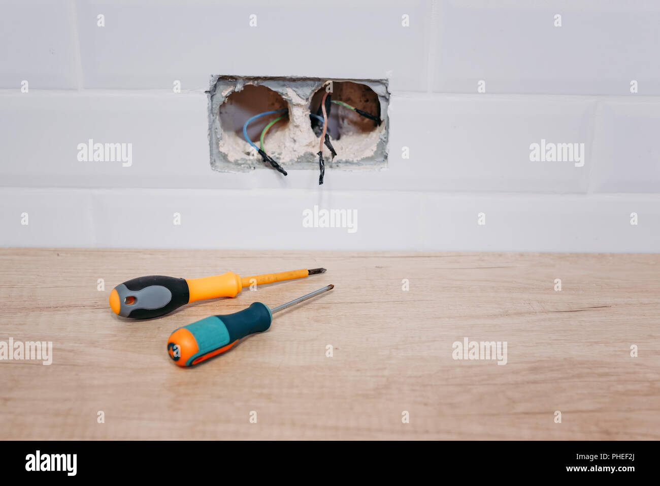 place for installation of power socket with protruding wires and ...