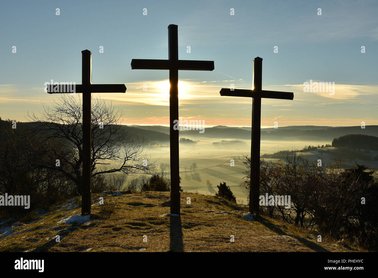 Crosses; Sunrise; Swabian Alb; Germany Stock Photo - Alamy