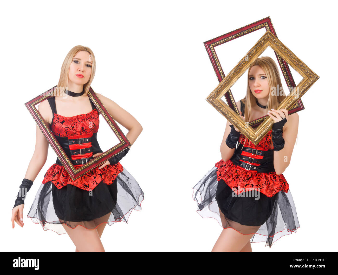 Woman holding picture frame isolated on white Stock Photo - Alamy