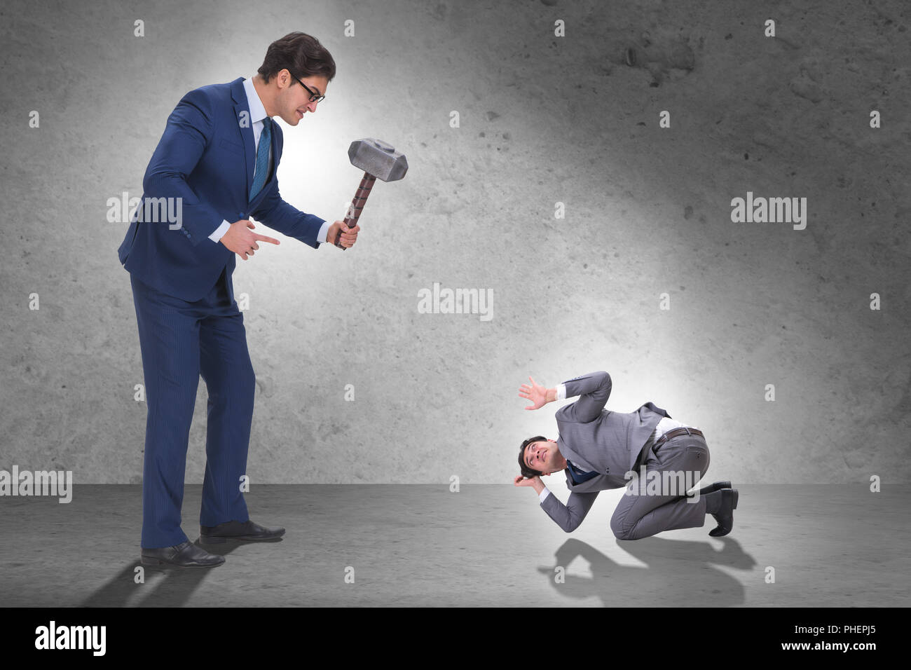 Bad angry boss threatening employee with hammer Stock Photo - Alamy