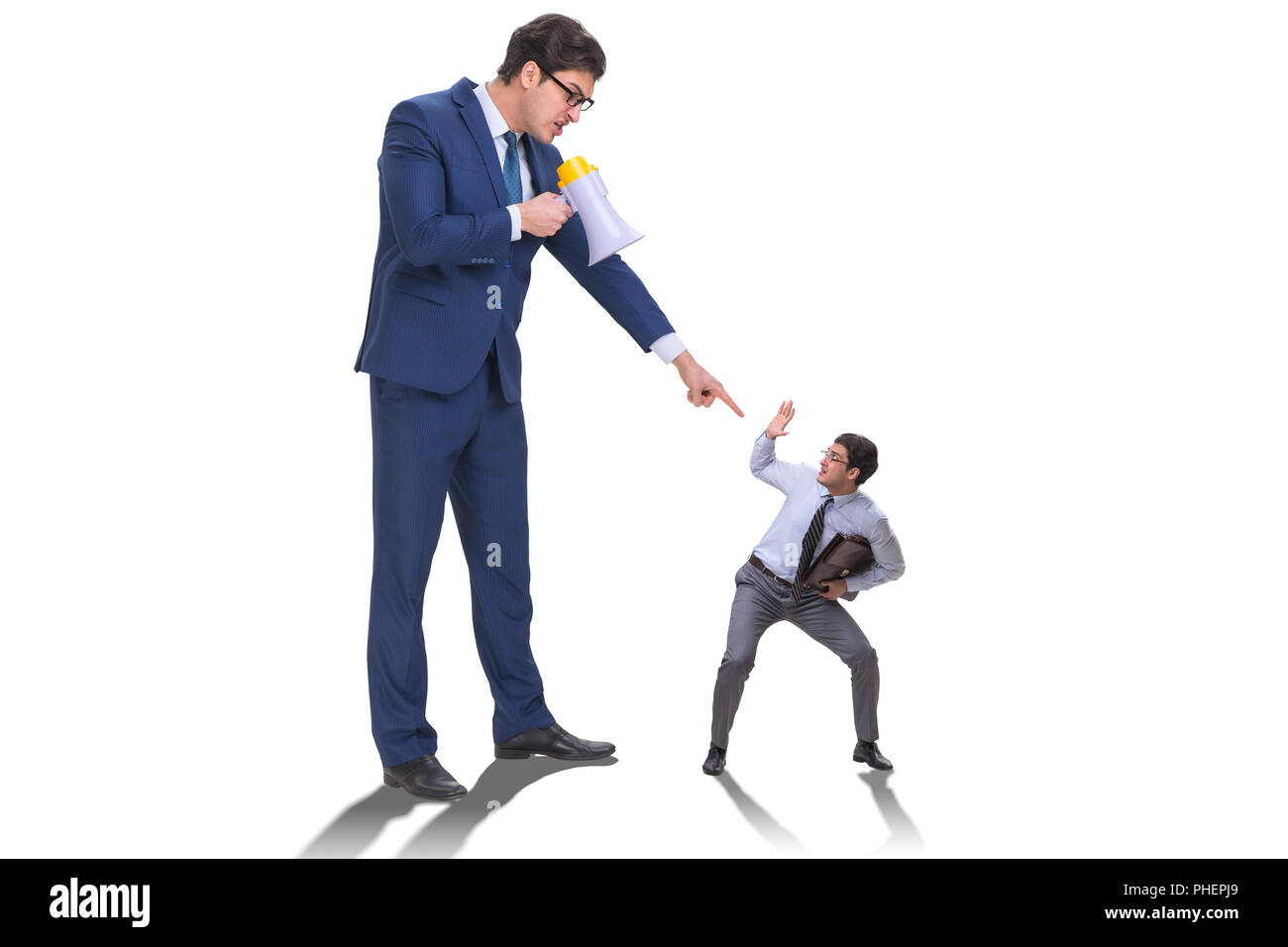 Bad angry boss shouting at employee with loudspeaker Stock Photo - Alamy