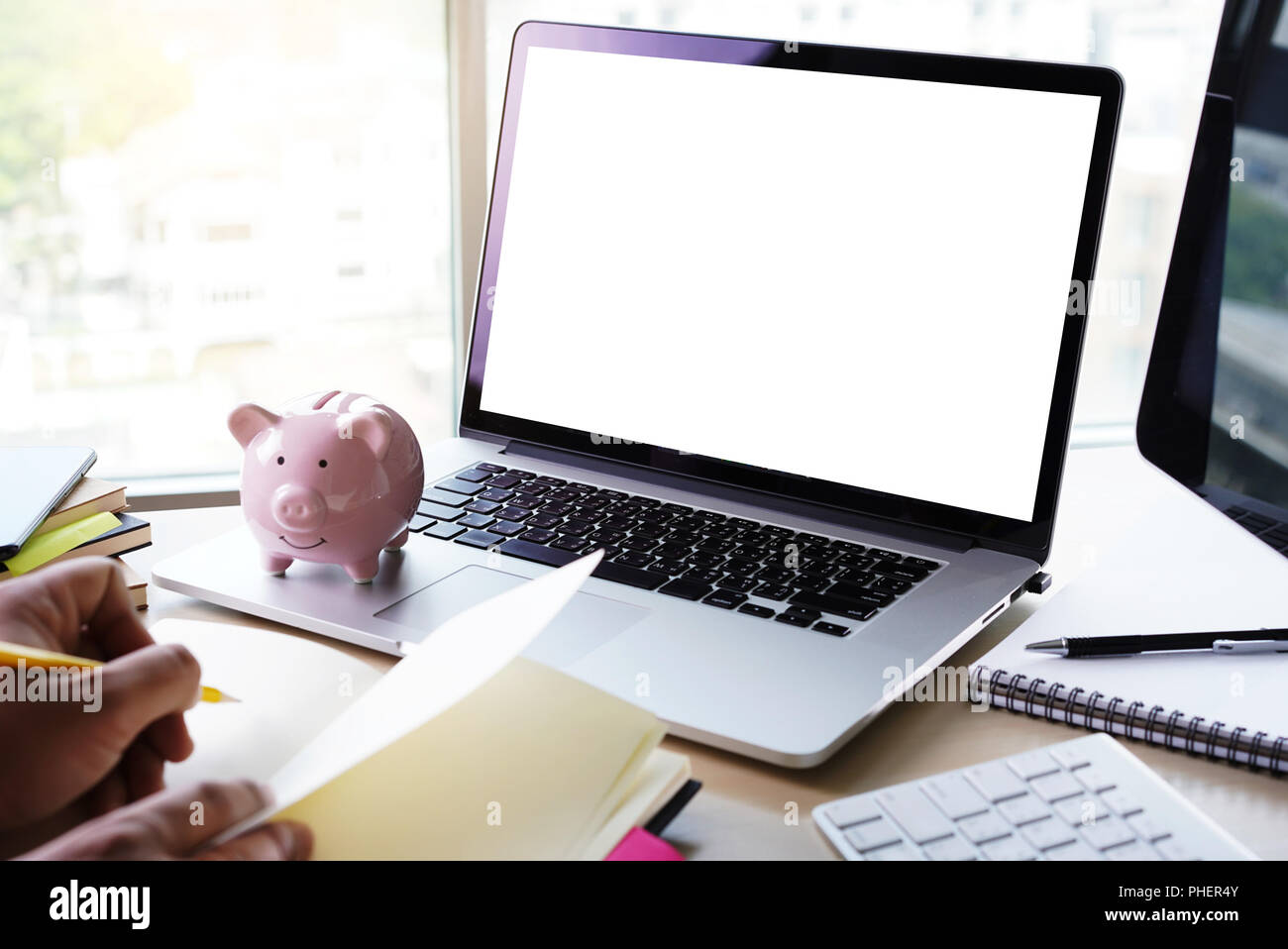 mock up Using laptop with blank screen computer modern Stock Photo - Alamy