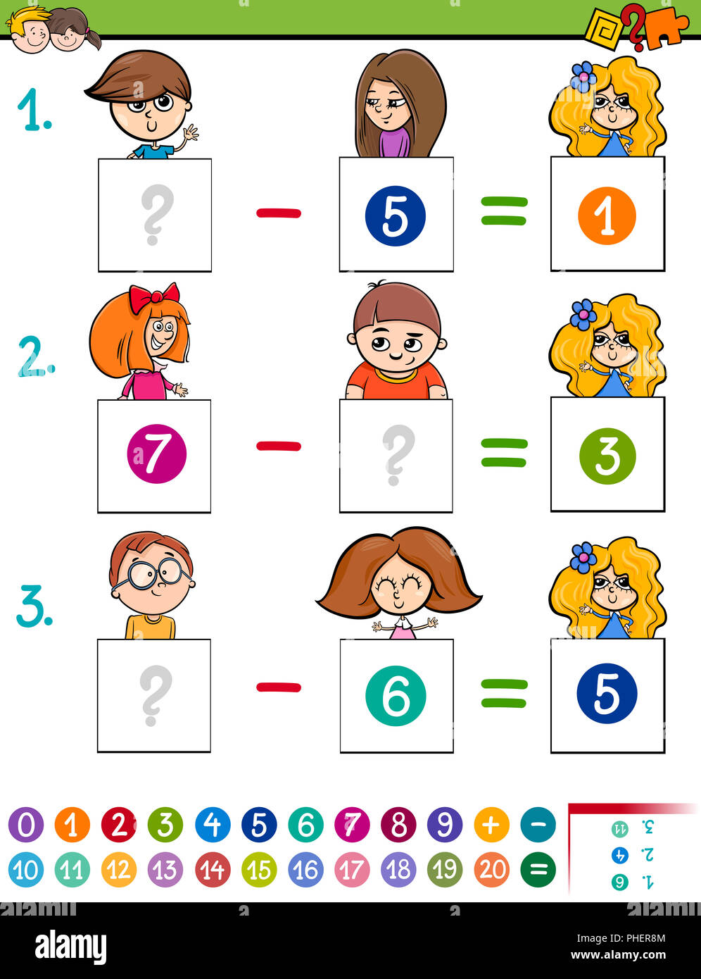 maths subtraction game with kid characters Stock Photo - Alamy