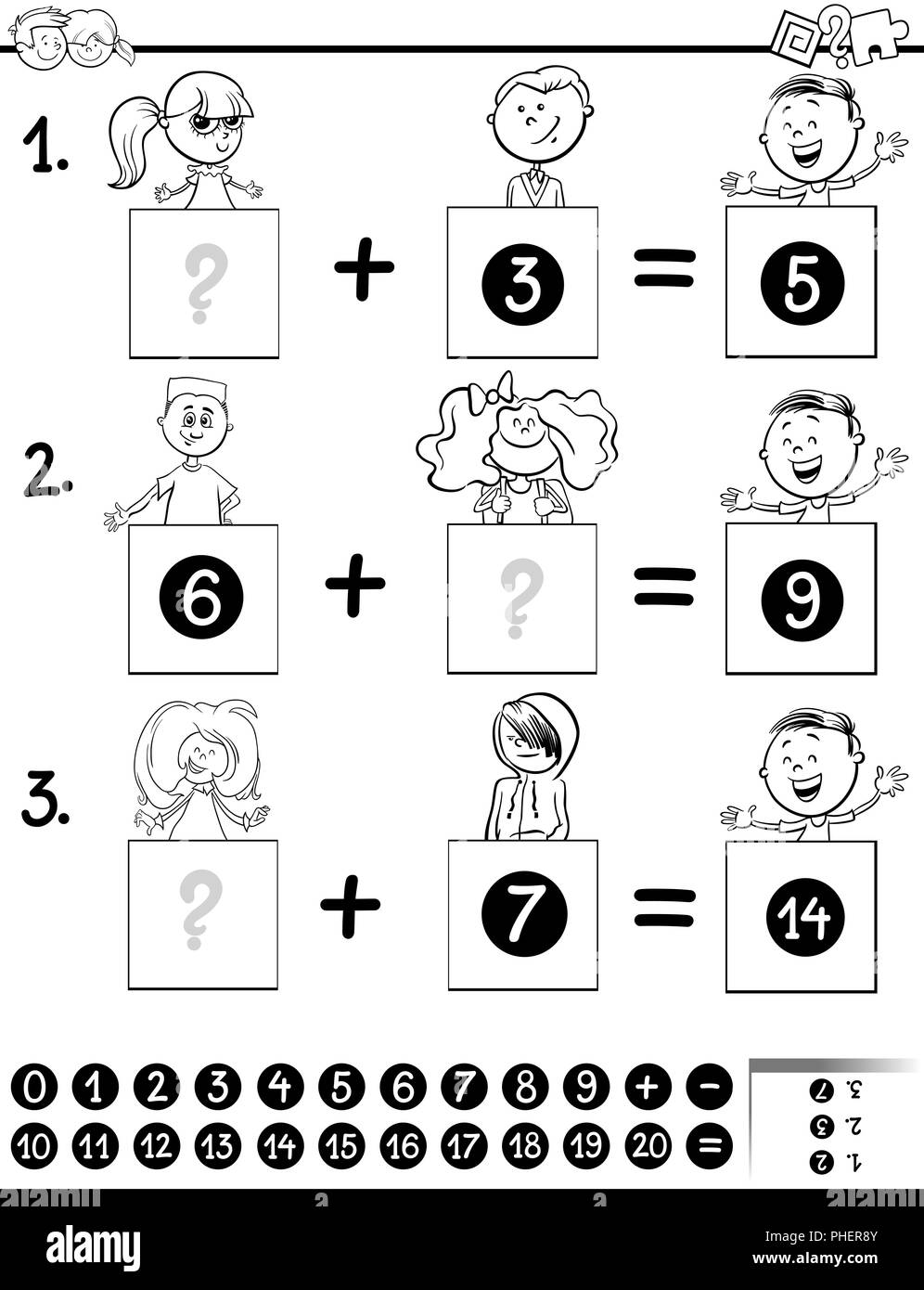 addition educational game coloring page with kids Stock Photo - Alamy