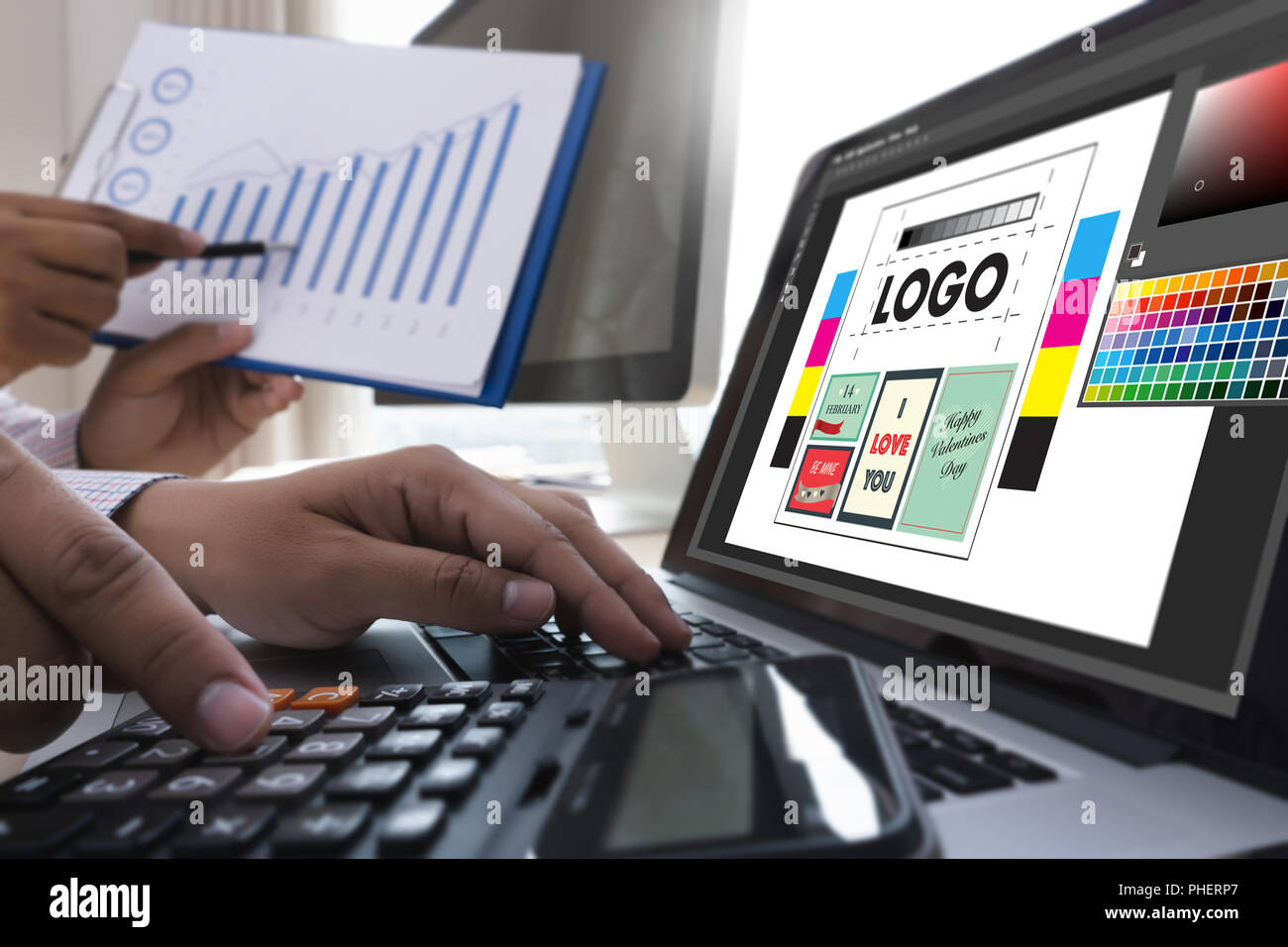 Creative Designer Graphic at work. Color swatch samples, Illustrator ...