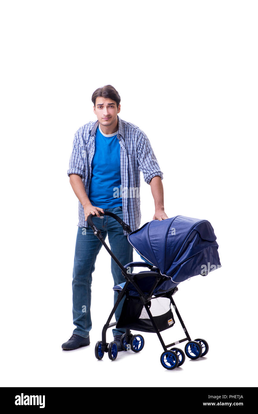 Young dad with baby pram isolated on white Stock Photo - Alamy