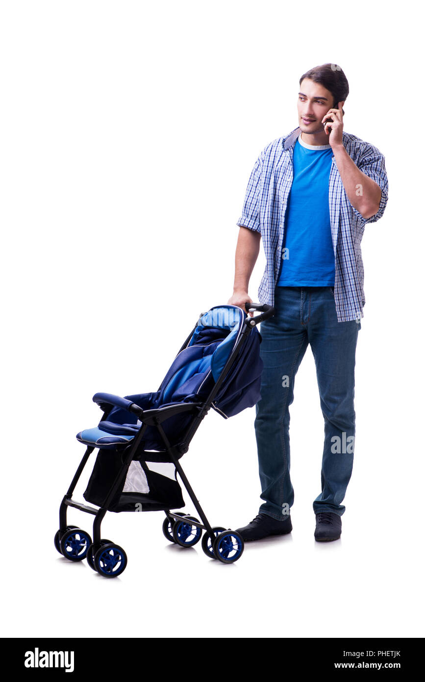 Young dad with baby pram isolated on white Stock Photo - Alamy