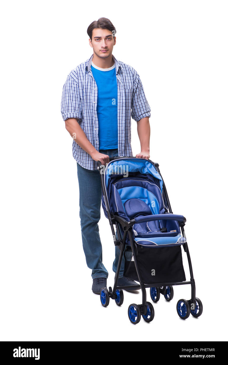 Young dad with child pram isolated on white Stock Photo - Alamy