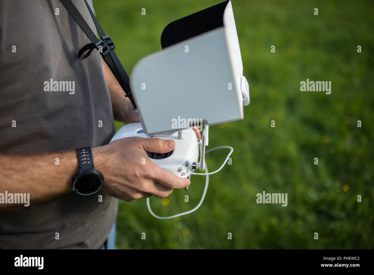 Man Operating a Drone by a Remote Control outdoors Stock Photo - Alamy